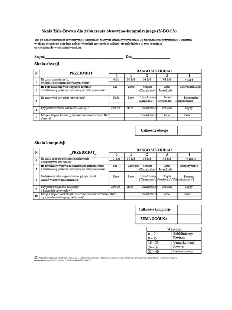 Y BOCS Nasila Dorośli | PDF