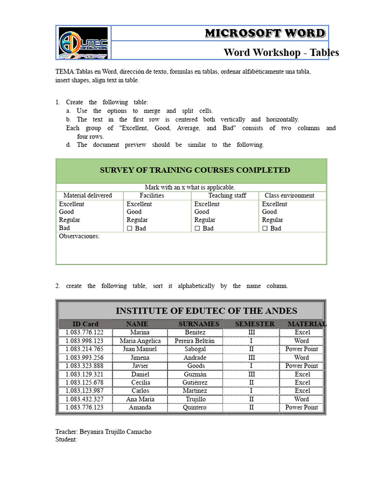 WORKSHOP No.3 WORD TABLES PDF | PDF | Microsoft Excel | Microsoft