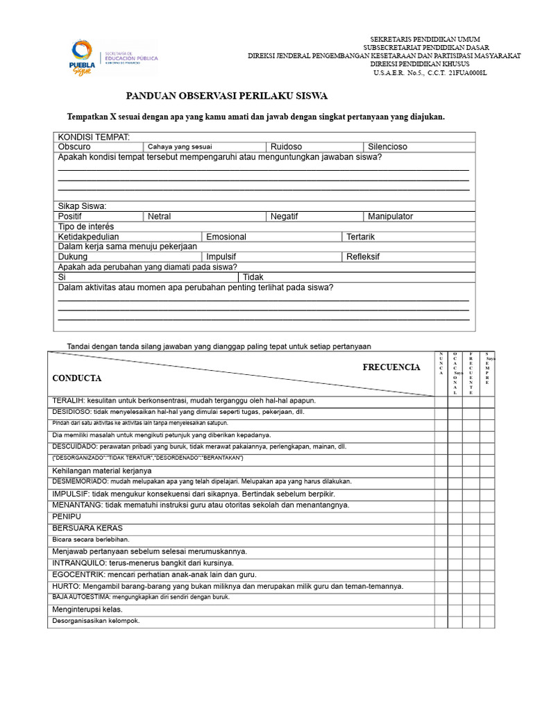 Panduan Observasi Perilaku Siswa | PDF