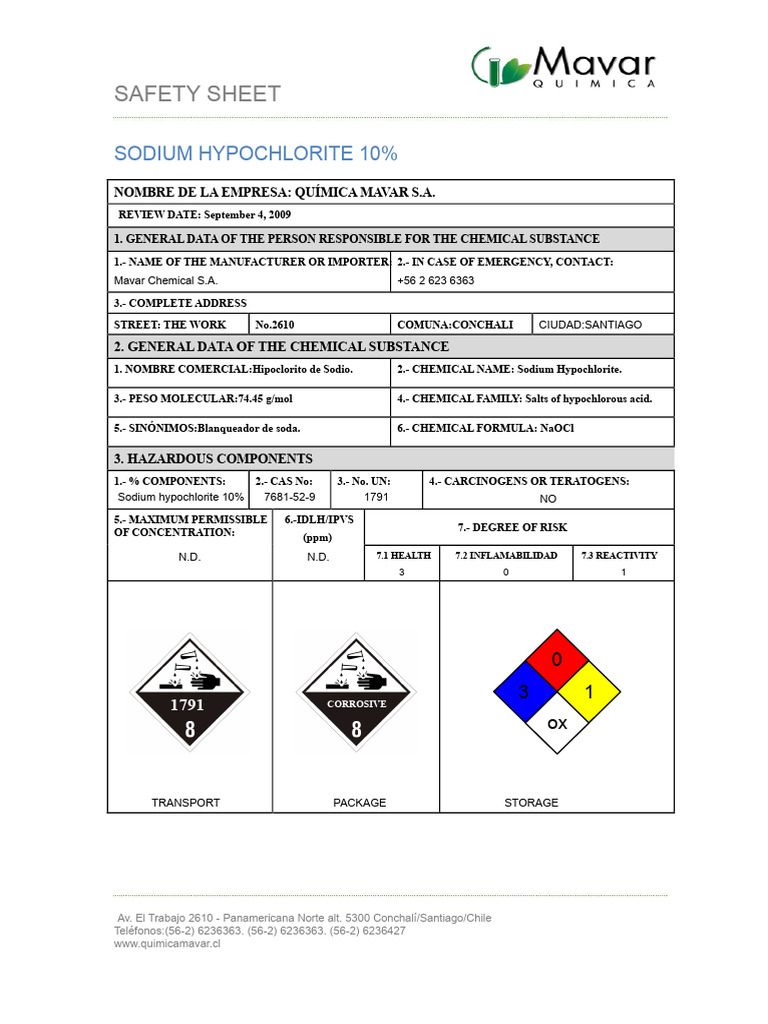 MSDS Sodium Hypochlorite 10% | PDF | Dangerous Goods | Magnesium