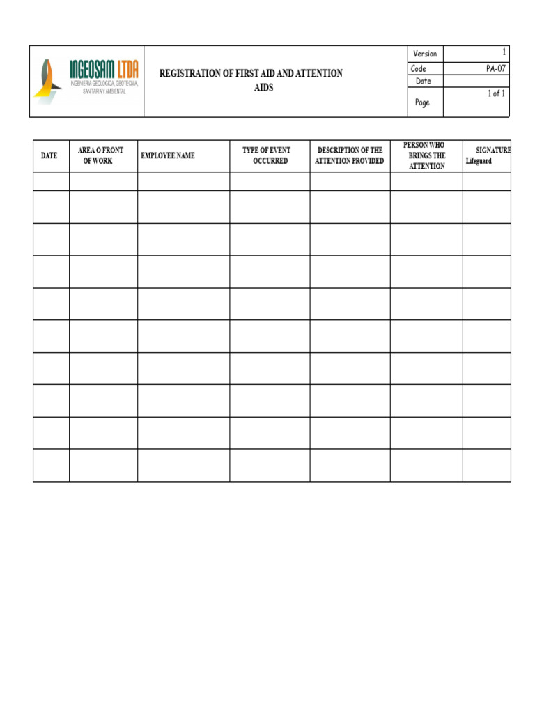 Record of Provision and First Aid Attention | PDF