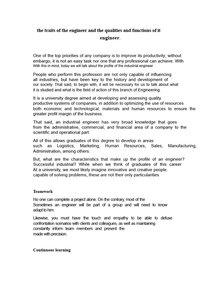 The Traits of The Engineer and The Qualities and Functions of The ...