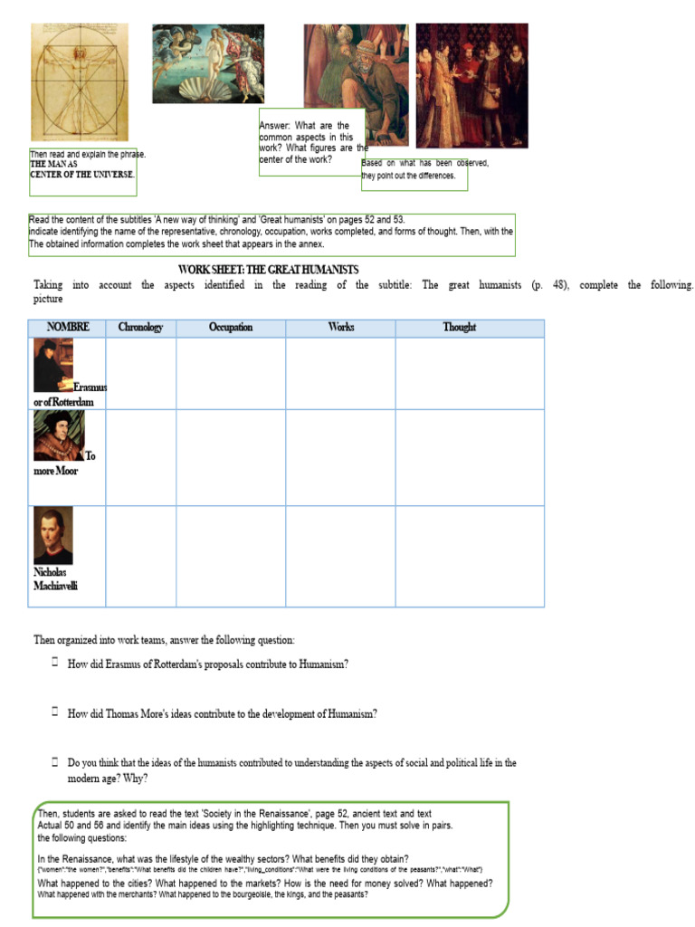 Hge_u3-Session 02 Work Sheet Humanism and Renaissance | PDF | Humanism ...