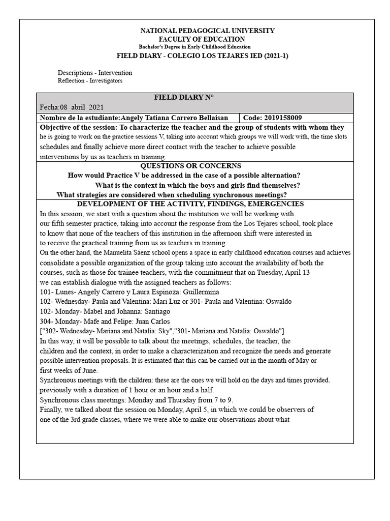 Field Diary Template | PDF | Intelligence | Learning