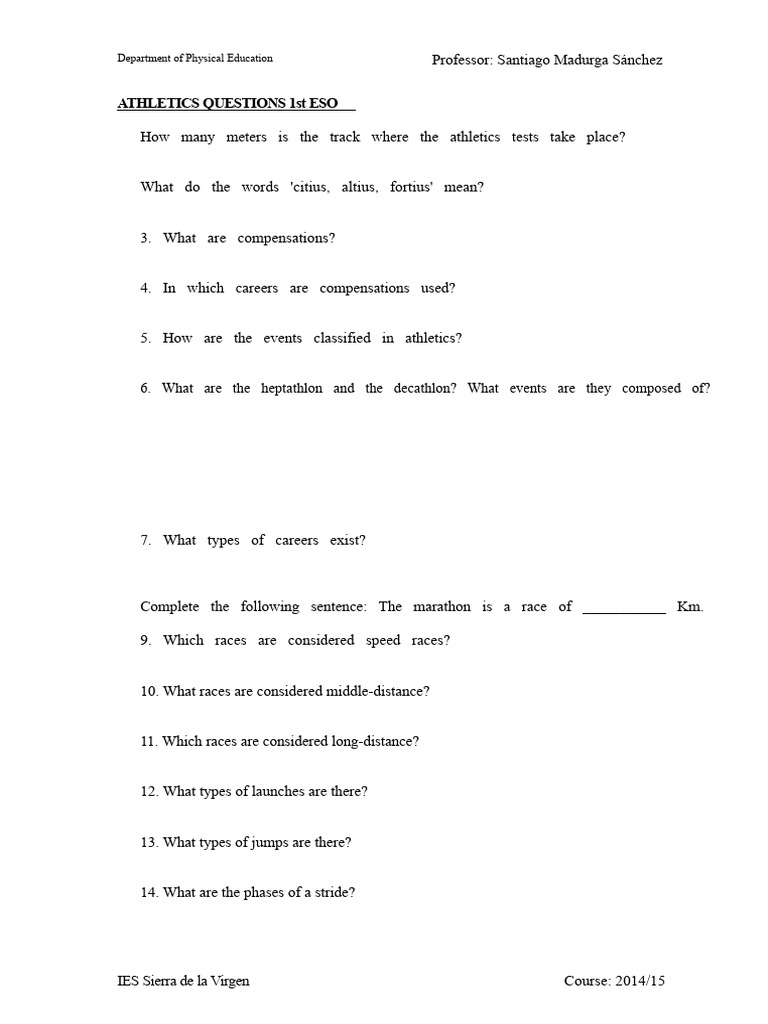 Athletics Questions 1st Year of Secondary Education | PDF