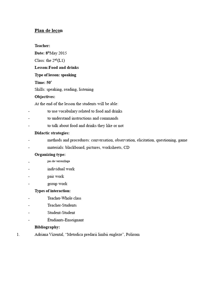 Plan de Leçon Sur La Nourriture Et Les Boissons | PDF | Menu | Human ...