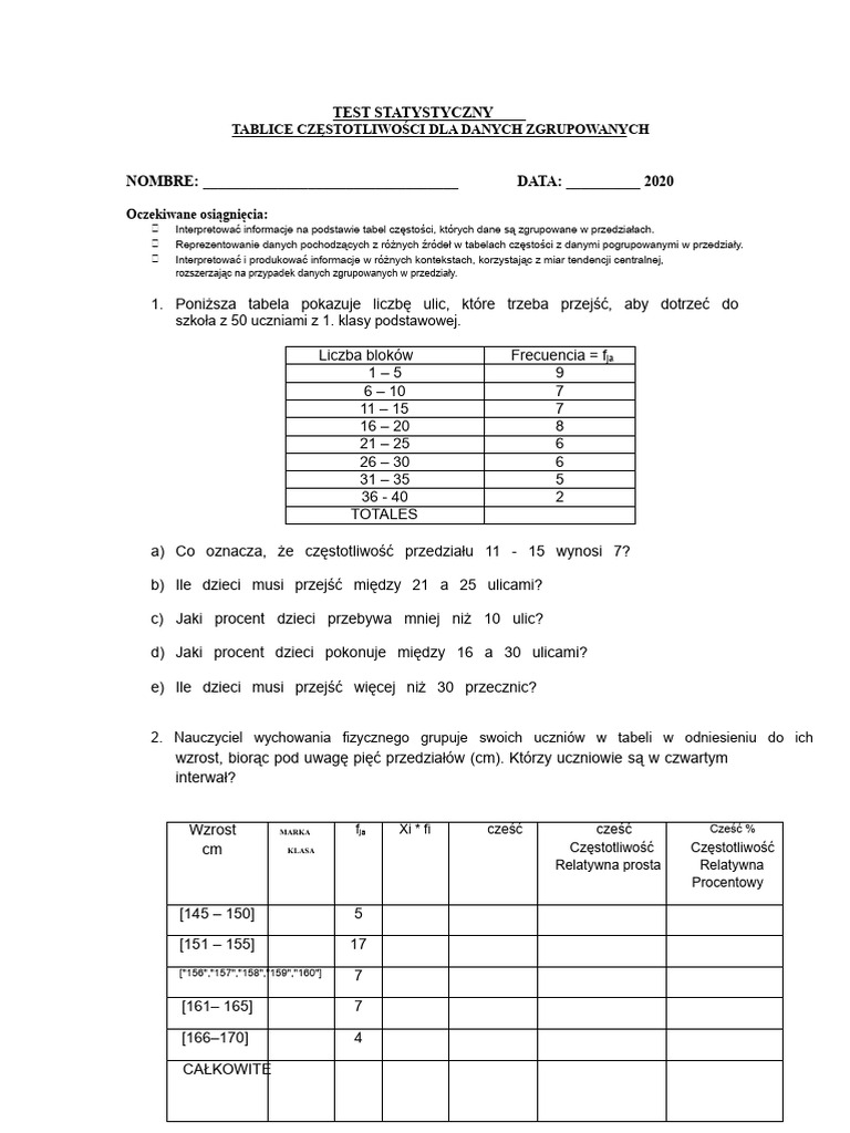 Test Statystyczny Tablice Częstotliwości Dla Danych Zgrupowanych | PDF