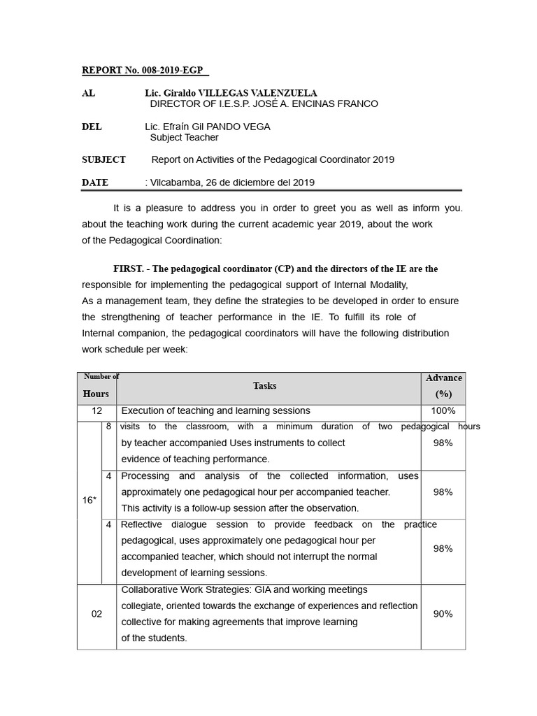 Report No. 008-2019 - Pedagogical Coordination Report | PDF | Teachers ...