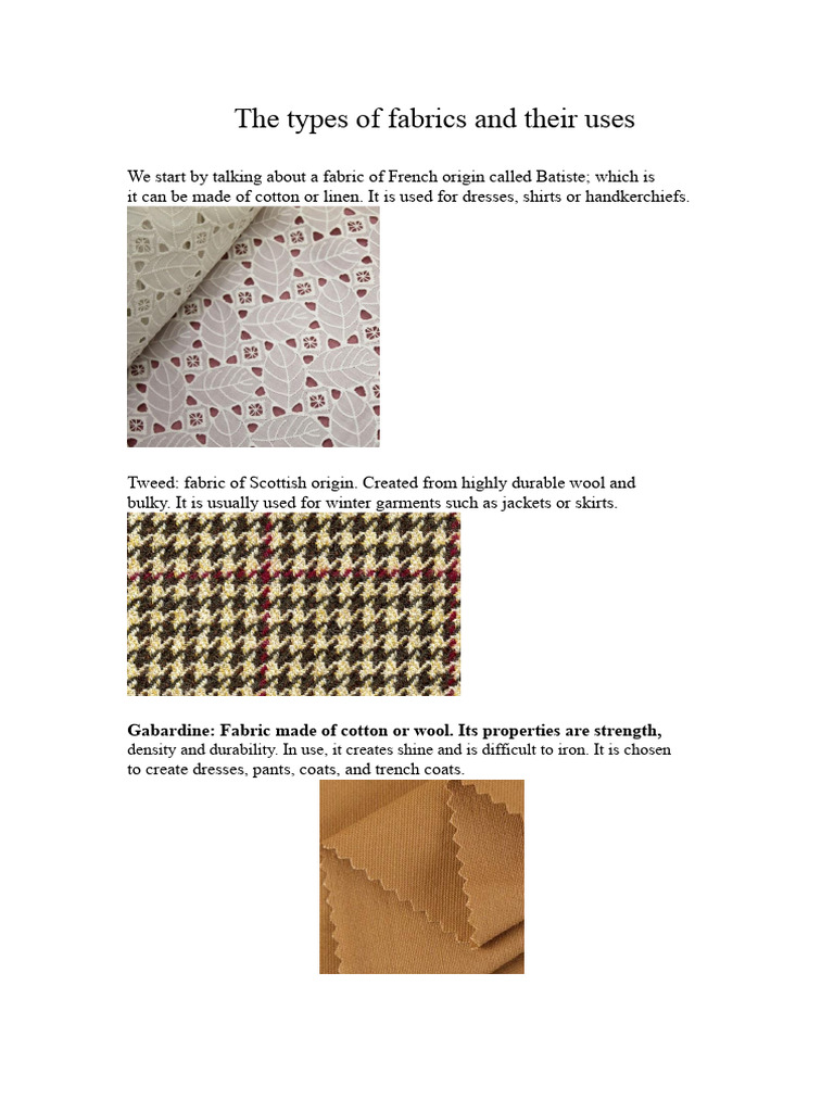Types of Fabrics and Their Uses | PDF | Sewing Machine | Textiles