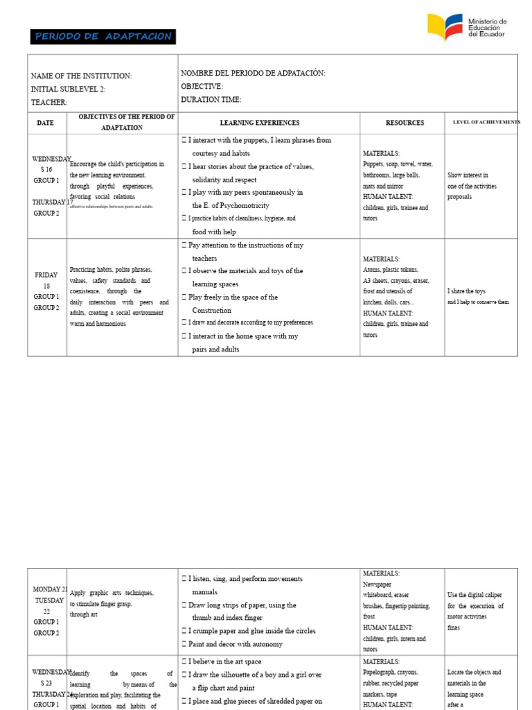 Example. Adaptation Period Planning Blank Sheet | PDF | Cognition | Learning