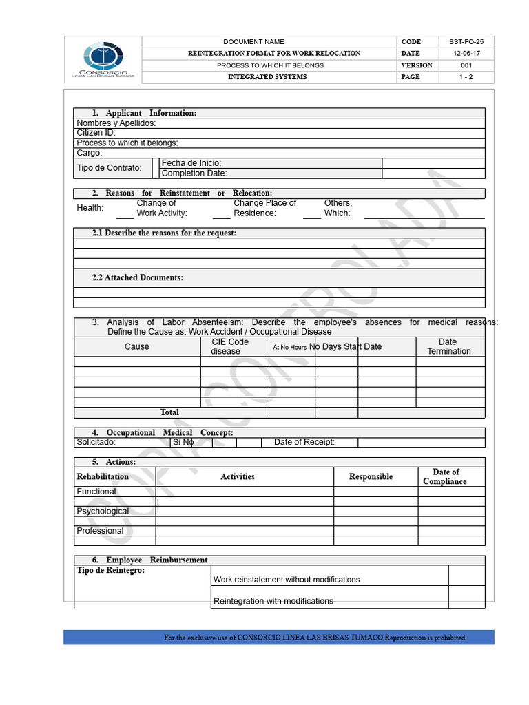Work Relocation Reintegration Form | PDF | Workplace | Labor Relations