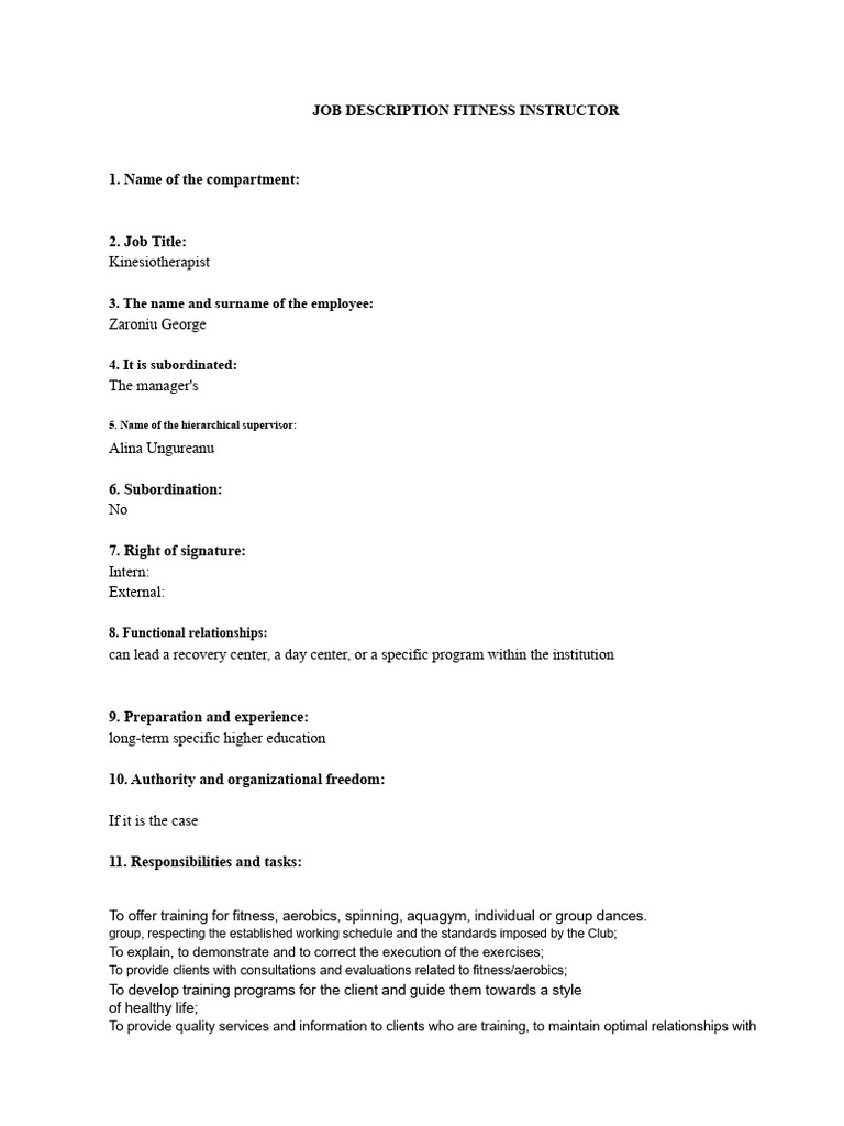 Job Description Fitness Instructor | PDF