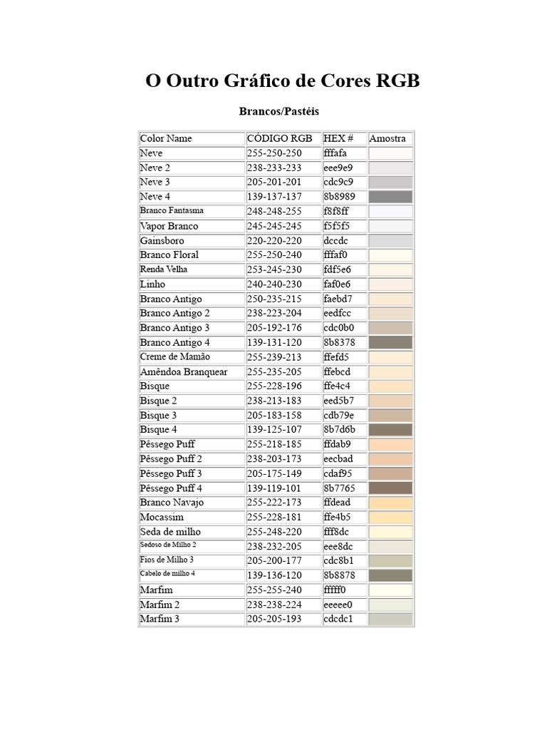 Paleta de Cores RGB e Códigos HEX | PDF | Percepción visual ...