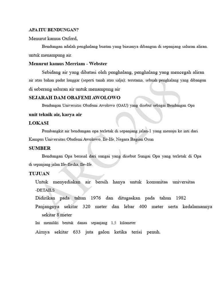 Sejarah dan Proses Bendungan Opa OAU | PDF