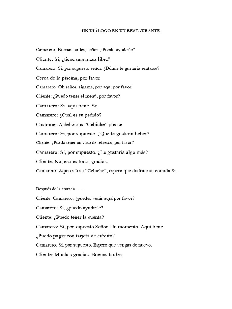 Un Diálogo en un Restaurante | PDF