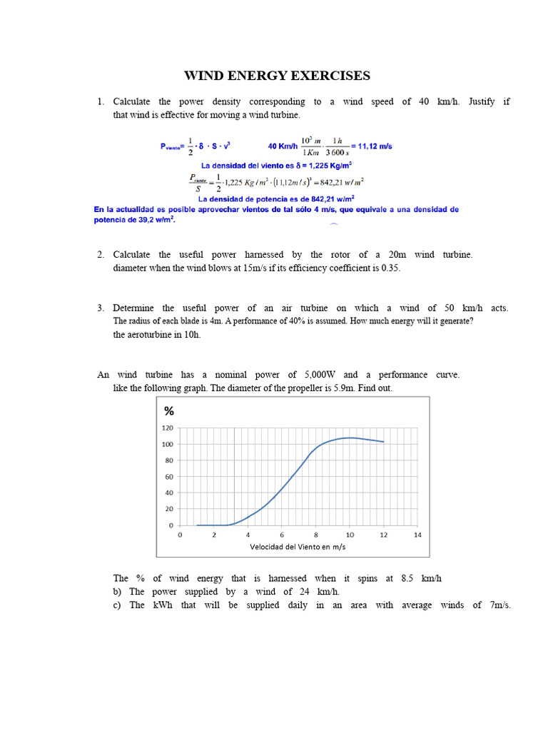 Wind Energy Calculations and Exercises | PDF
