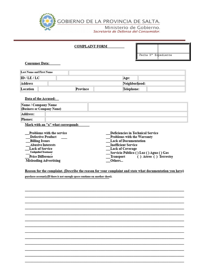 Form For Complaints in Defense of The Consumer | PDF | Justice | Crime ...