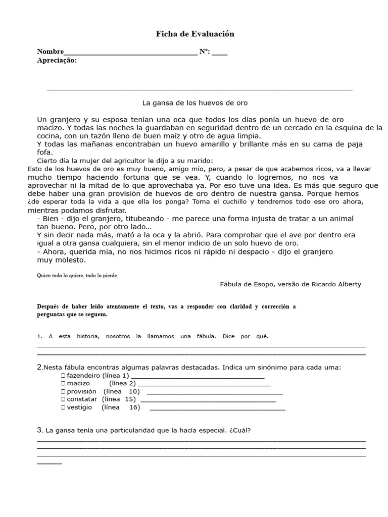 Fábula La Ganso de Los Huevos de Oro | PDF