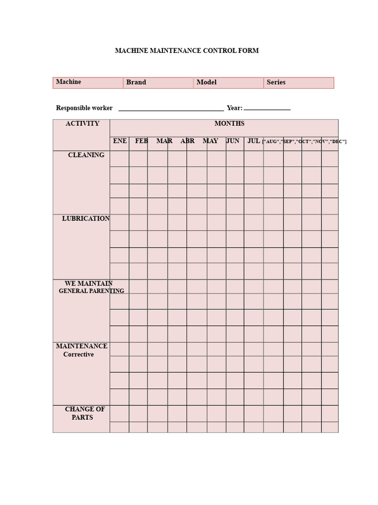 Maintenance Control Sheet For Machines | PDF
