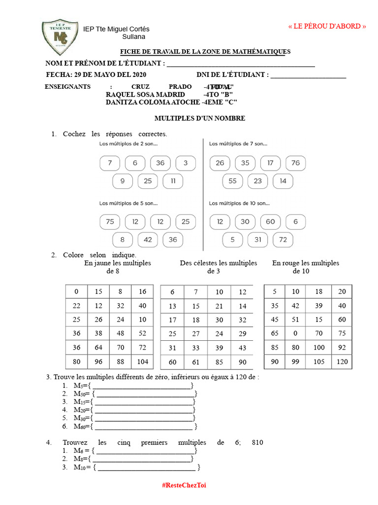 Fiche de travail sur les multiples en mathématiques | PDF | Échecs ...