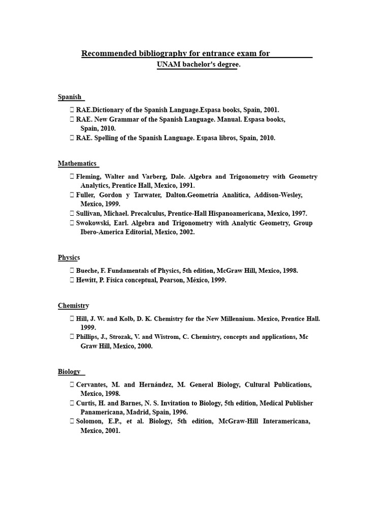 Recommended Bibliography For Admission Exam To UNAM Bachelor's Degree | PDF