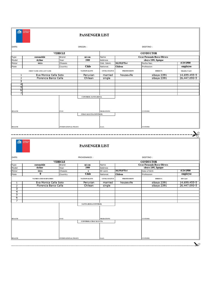 Passenger List - Arica - Tacna | PDF | Identity Document | Motor Vehicle