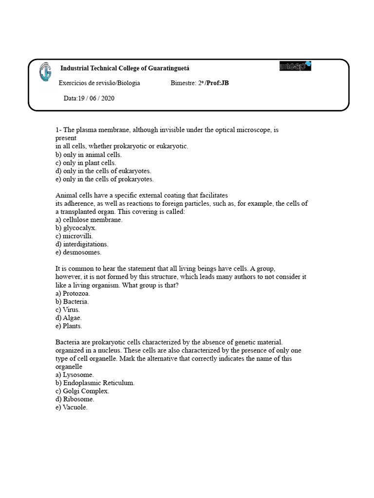 Exercises On Cell Biology (2nd Bim) Letícia 1st C | PDF | Cell (Biology ...