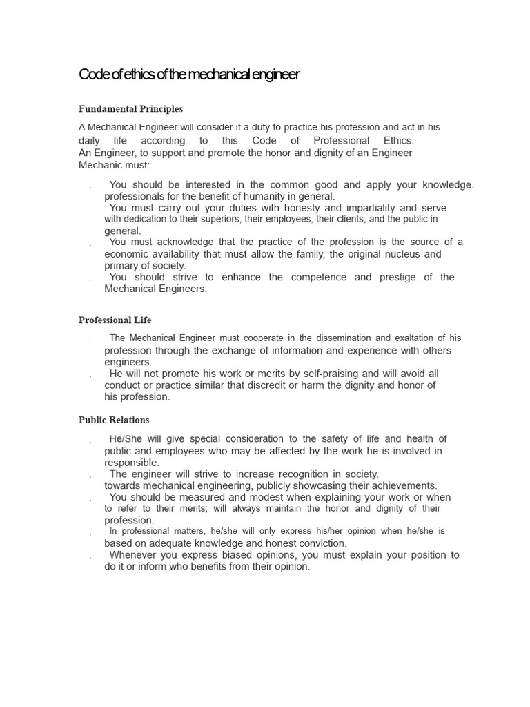 Code of Ethics For Mechanical Engineers | PDF | Profession | Justice