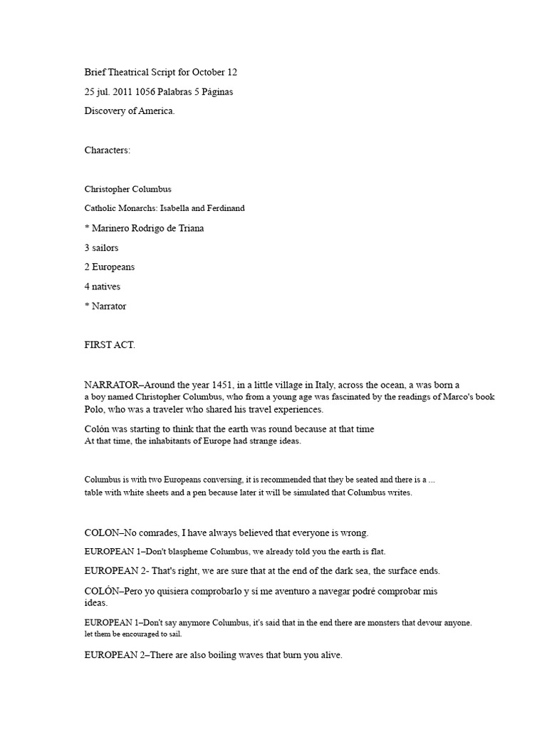 Brief Theatrical Script For October 12 | PDF | Christopher Columbus ...