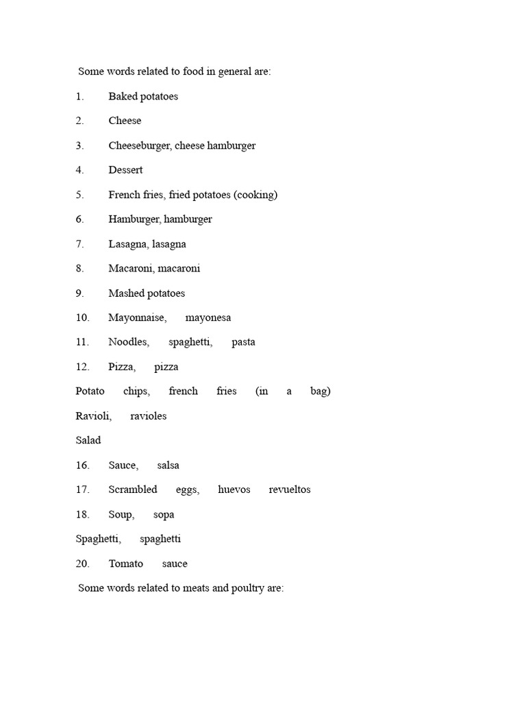 Food Vocabulary: Ingredients & Beverages | PDF | Hamburgers | Sauce