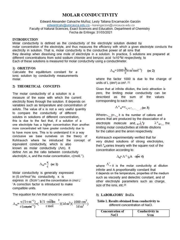 Molar Conductivity | PDF | Electrochemistry | Physical Sciences