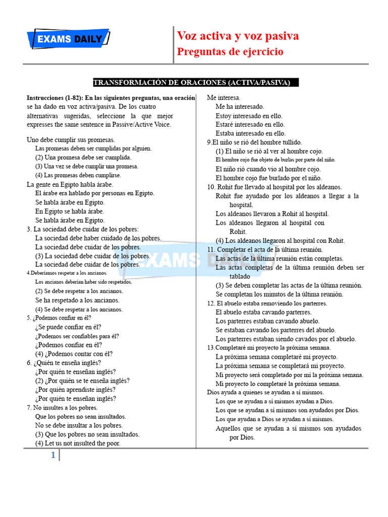 Ejercicios de Voz Activa y Pasiva | PDF