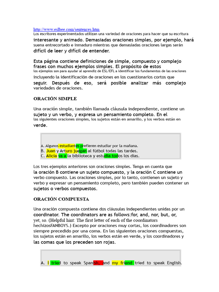 Oraciones Simples, Compuestas y Complejas | PDF | Oración (Lingüística ...