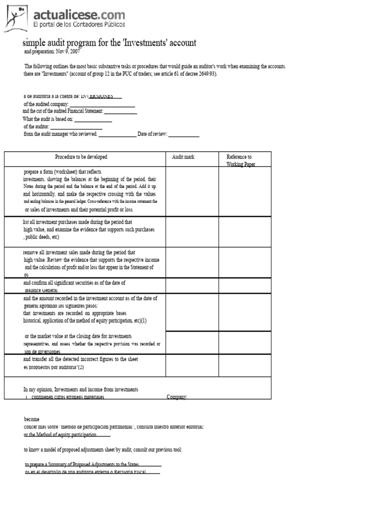 Basic Audit Program for Investments | PDF | Audit | Income Statement