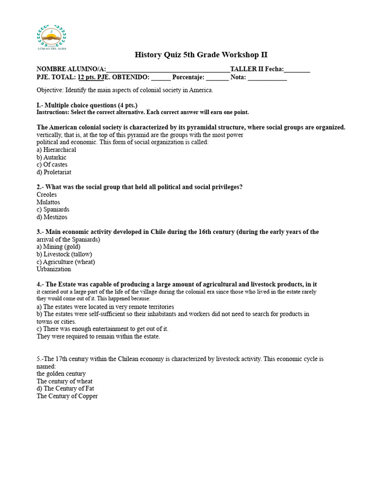 Quiz 5th Grade Colonial Society | PDF | Chile | Ethnic Groups