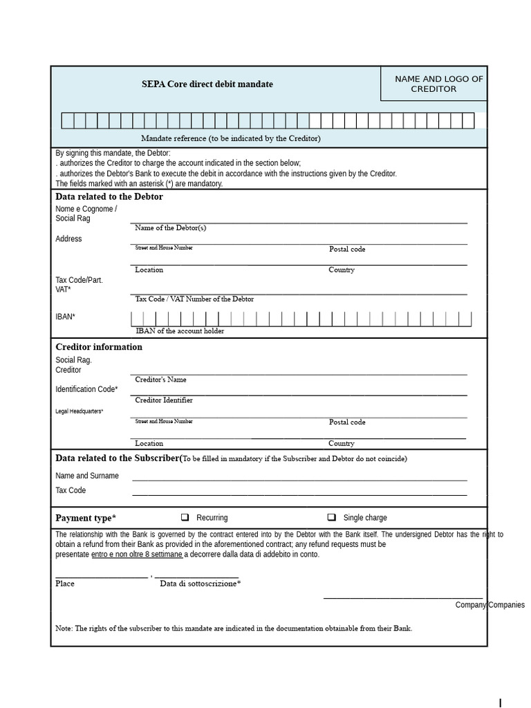 Direct Debit Mandate SDD-Core | PDF | Debtor | Payments