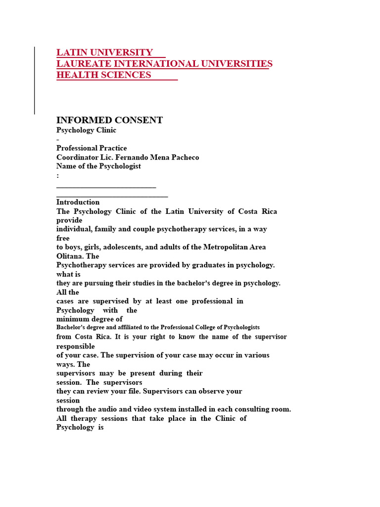 INFORMED CONSENT Example | PDF | Psychotherapy | Psychologist
