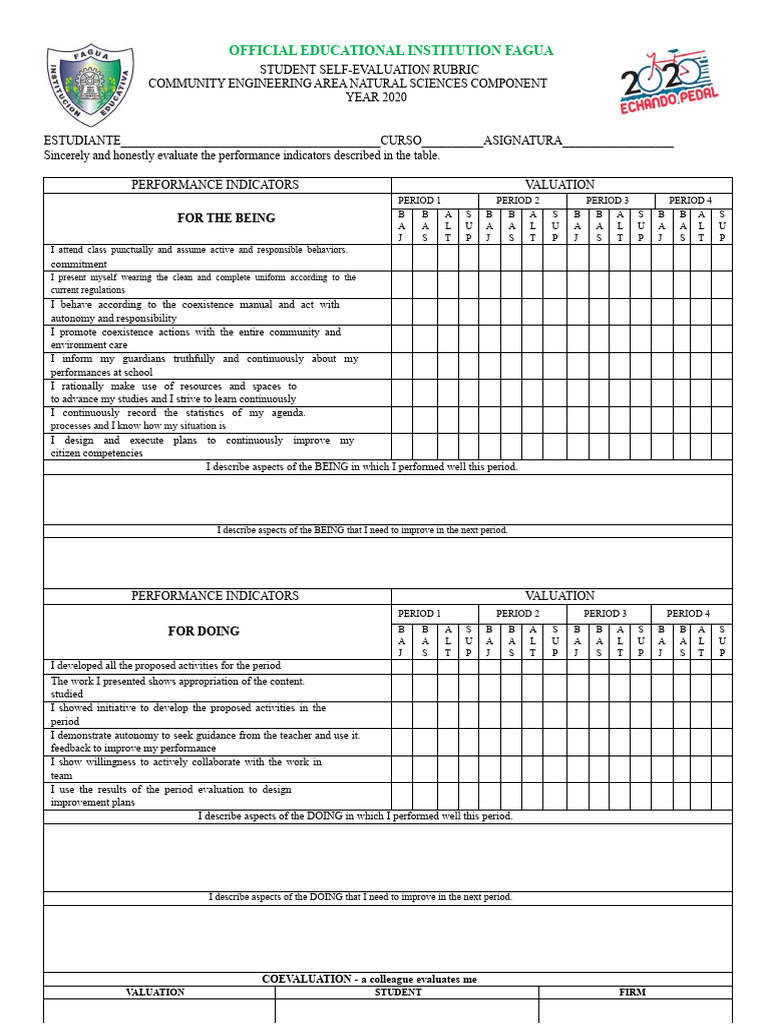 Student Self-Evaluation Rubric 2020 | PDF | Behavioural Sciences ...