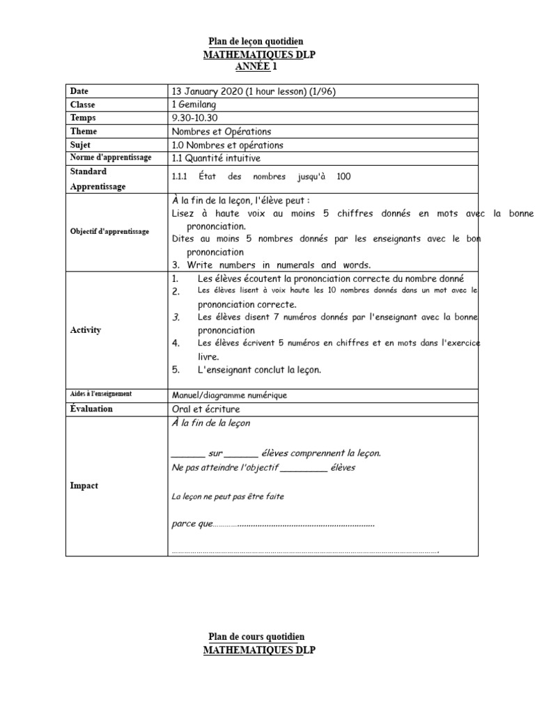 Plan de leçon : Nombres et opérations 1ère année | PDF | Mathématiques ...