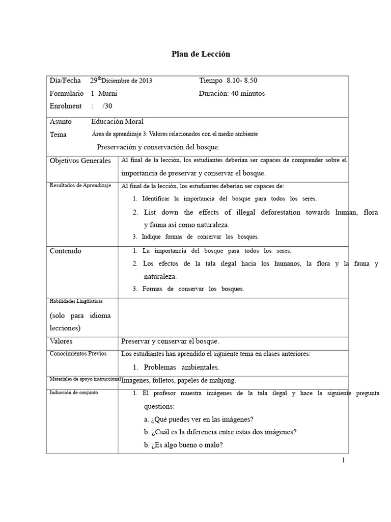 Plan de Lección para Educación Moral | PDF | Aprendizaje | Deforestación