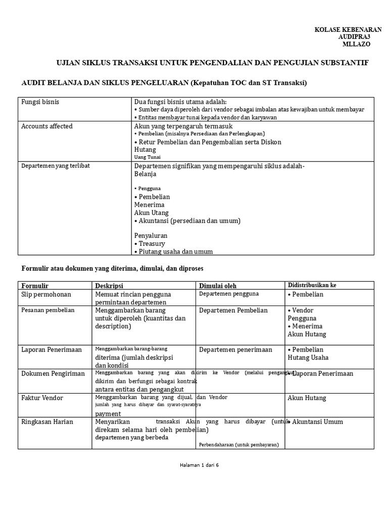- Siklus Pengujian TOC dan Substantif Pengeluaran dan Disbursement | PDF
