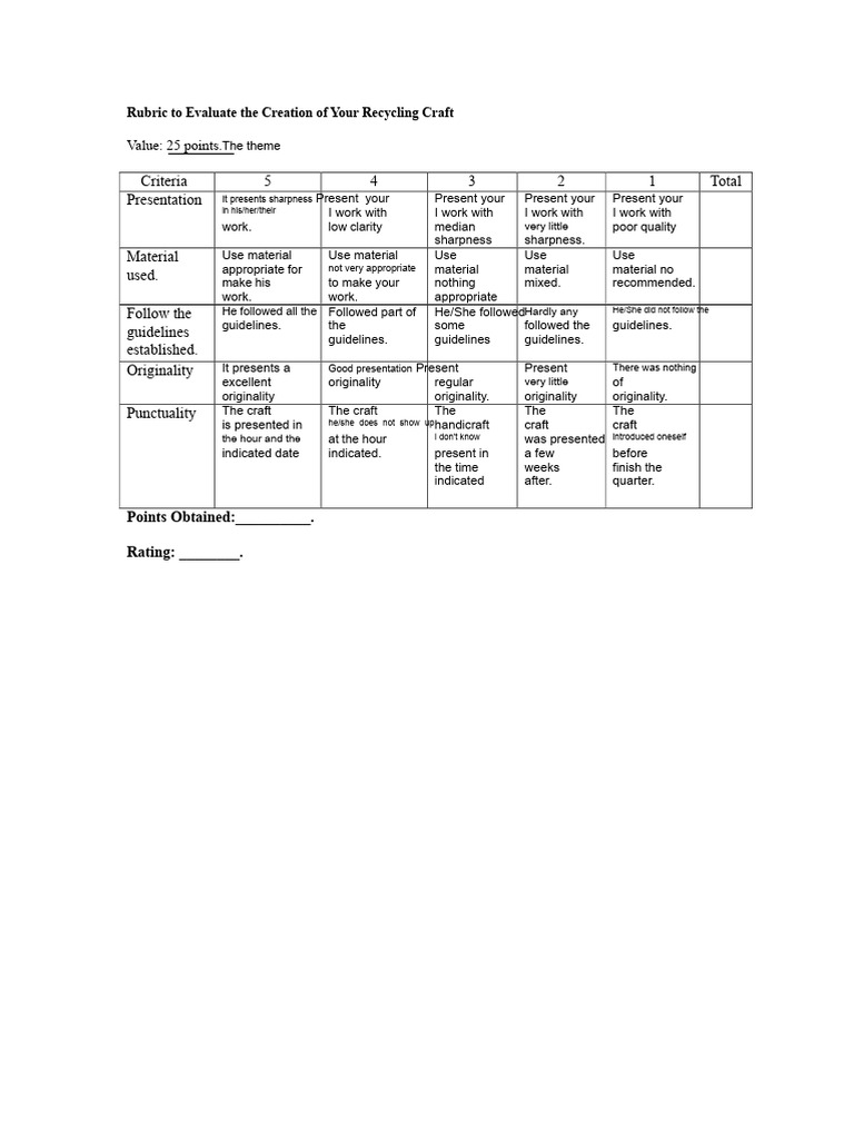Recycling Craft Evaluation Rubric | PDF
