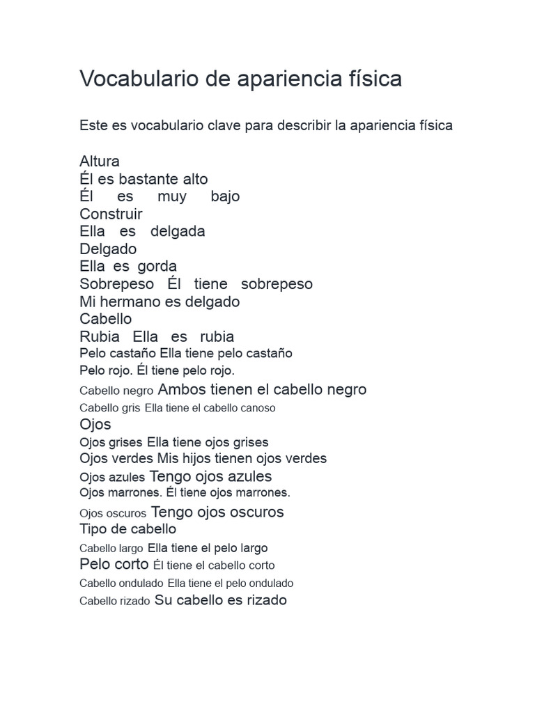 Vocabulario de Apariencia Física | PDF | Pelo | Moda