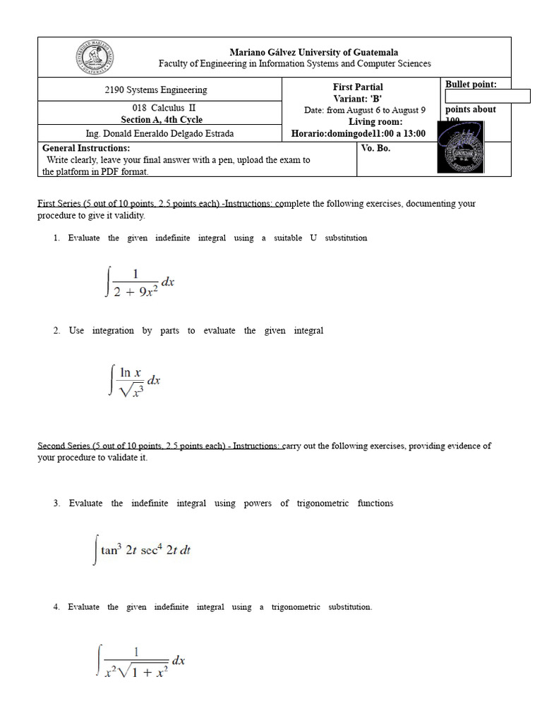 First Partial Calculus II VARIANT B From August 6 To 9 | PDF