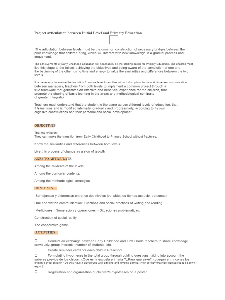 Project For The Articulation of Early Childhood and Primary Education ...