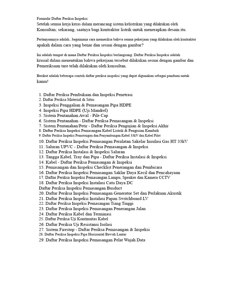 Daftar Periksa Inspeksi Kelistrikan | PDF