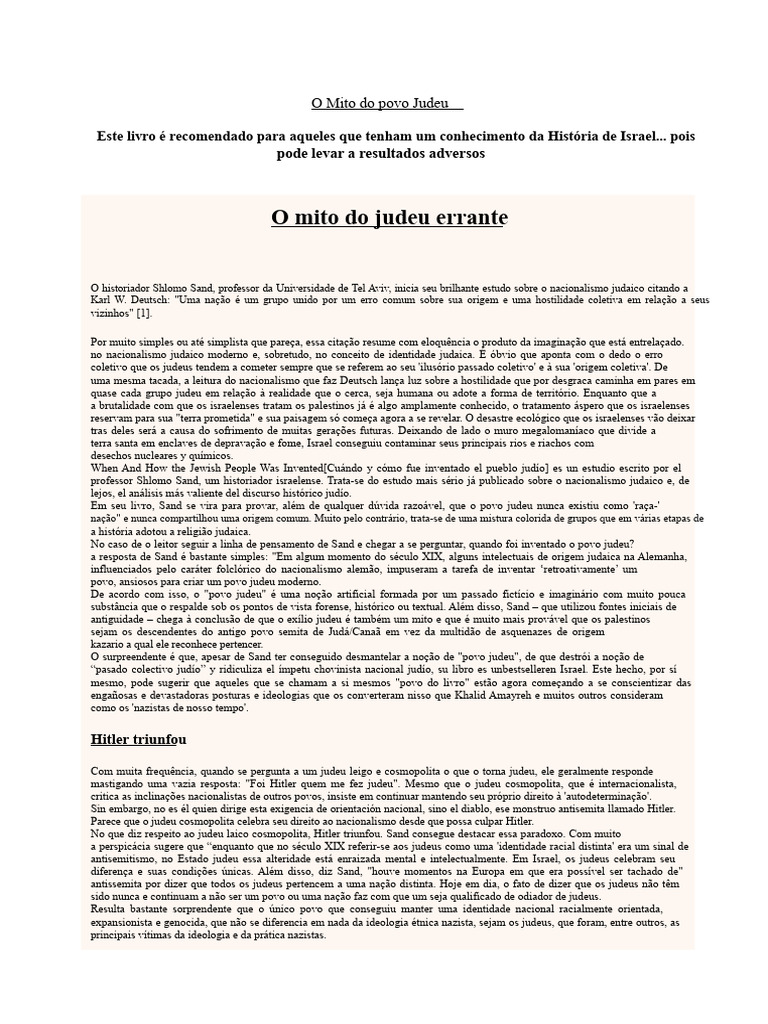O Mito do Povo Judeu e Nacionalismo | PDF | Judeus | Sionismo