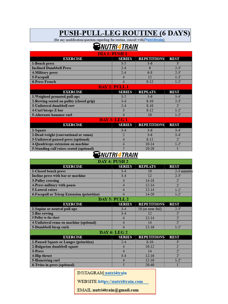 PPL Routine 6 Days Nutri4train | PDF | Strength Training | Weight Training