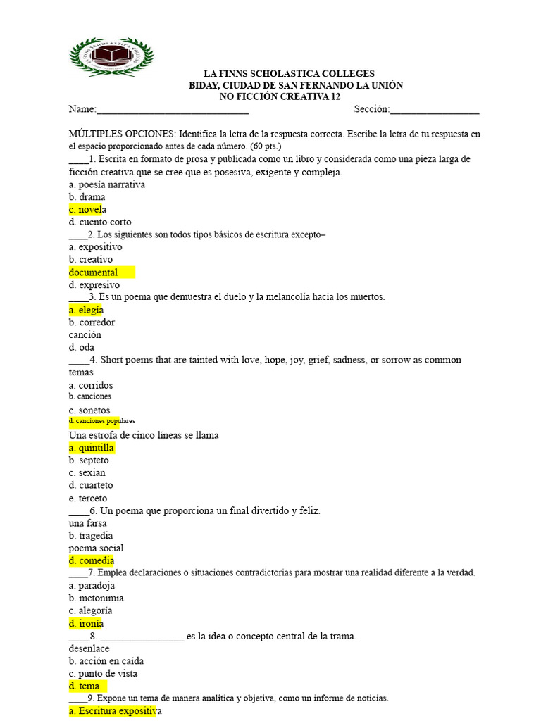 Prueba Diagnóstica de No Ficción Creativa Con Clave de Respuestas | PDF ...