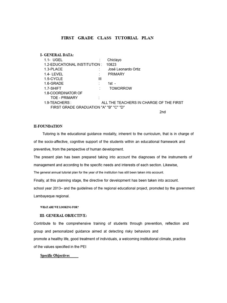 First Grade Tutorial Plan Overview | PDF | Attitude (Psychology ...